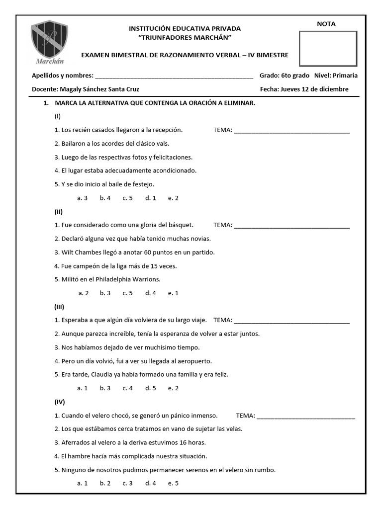 IV Bimestre - Examen Razonamiento Verbal 6to Grado | PDF | Orfeo