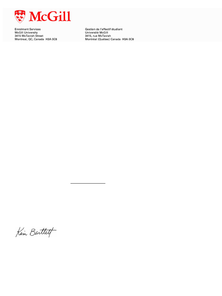 李嘉宁260953189 MCGILL LETTER | PDF | Citizenship | Quebec