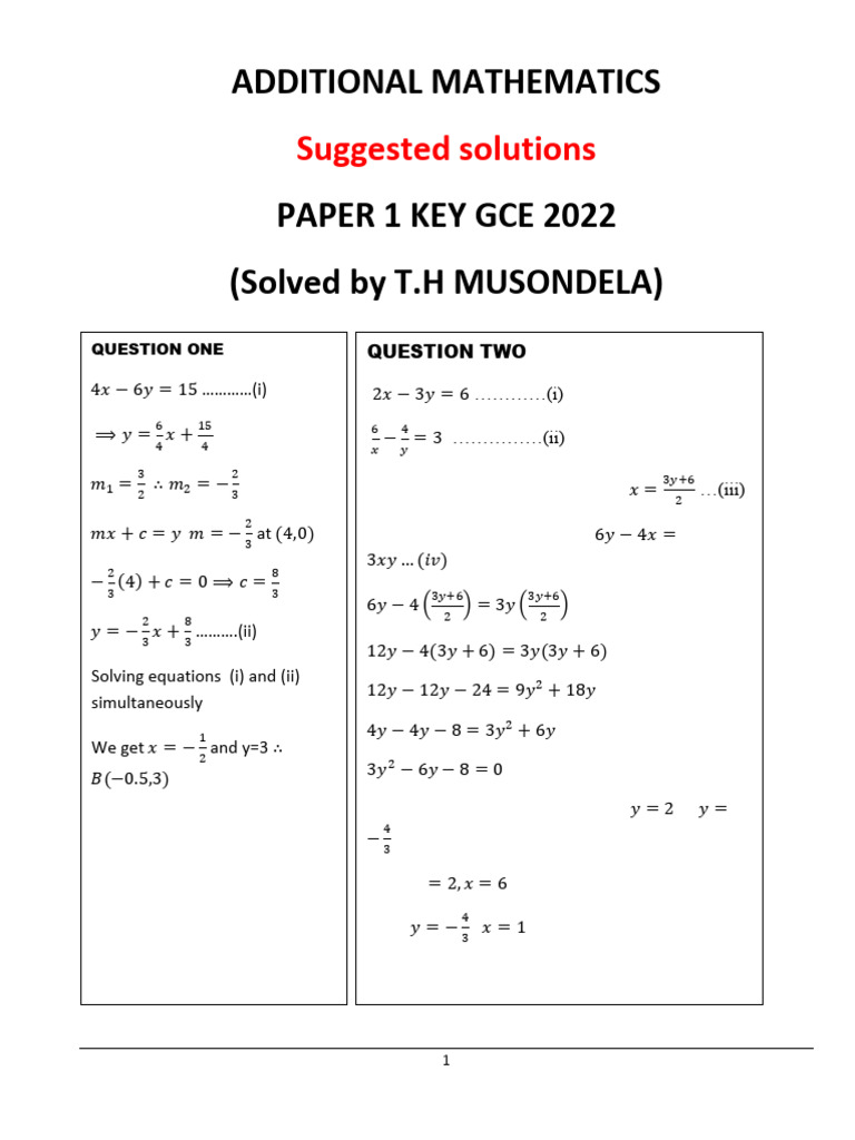 GCE 2022 Additional Mathematics Solutions | PDF | Mathematics | Equations