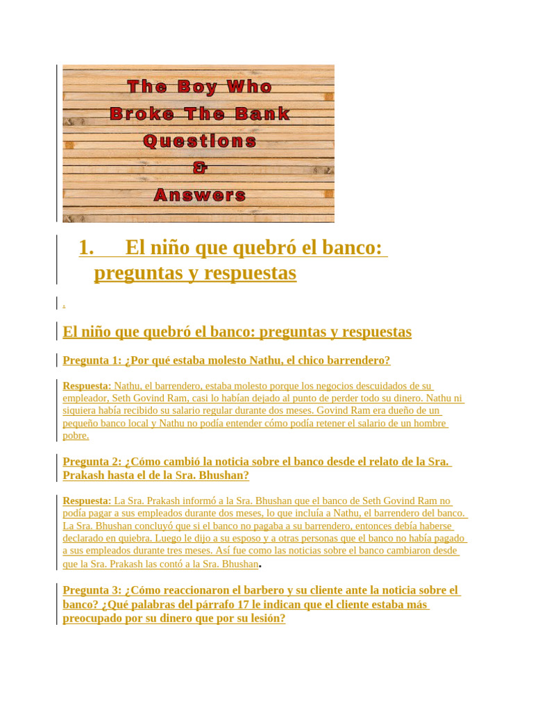 El niño que rompió el banco: Preguntas y respuestas del libro | PDF | Bancos