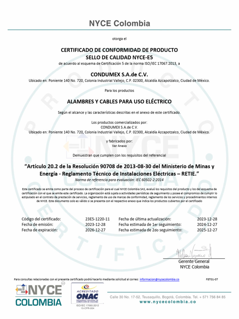Certificado de Conformidad NYCE para Cables | PDF | Cableado eléctrico