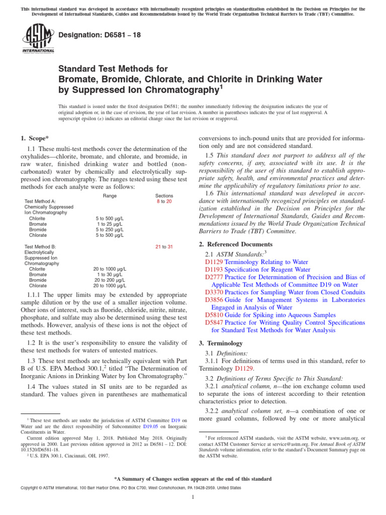 Bromate, Bromide, Chlorate, and Chlorite in Drinking Water by Suppressed Ion Chromatography ...