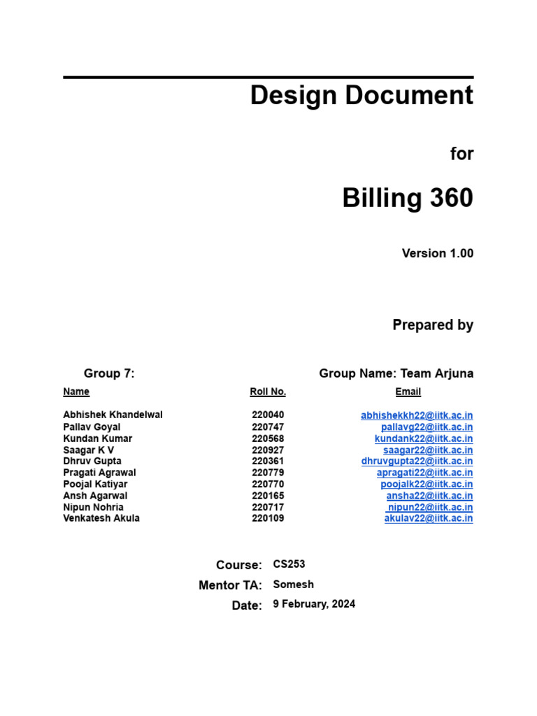 Design Document Billing 360 Team 7 | PDF | Model–View–Controller | Databases