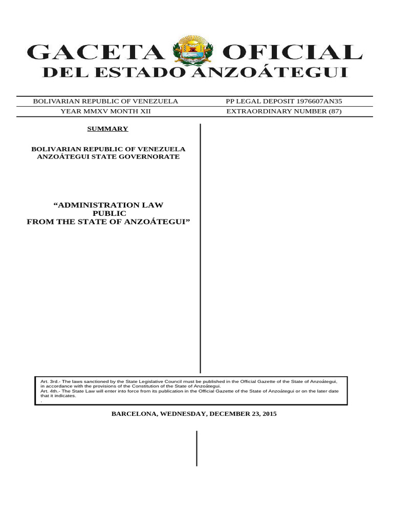 Anzoátegui State Public Administration Law | PDF | Decentralization ...