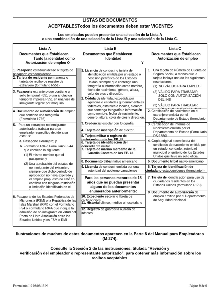 Lista de Documentos Aceptables Del I-9 | PDF | Certificado de nacimiento | Pasaporte