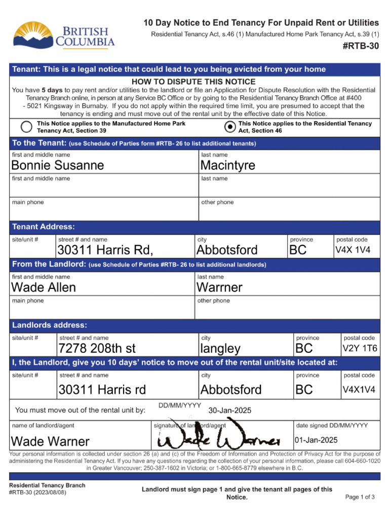 10 Day Notice To End Tenancy RTB - 30.inddbon | PDF