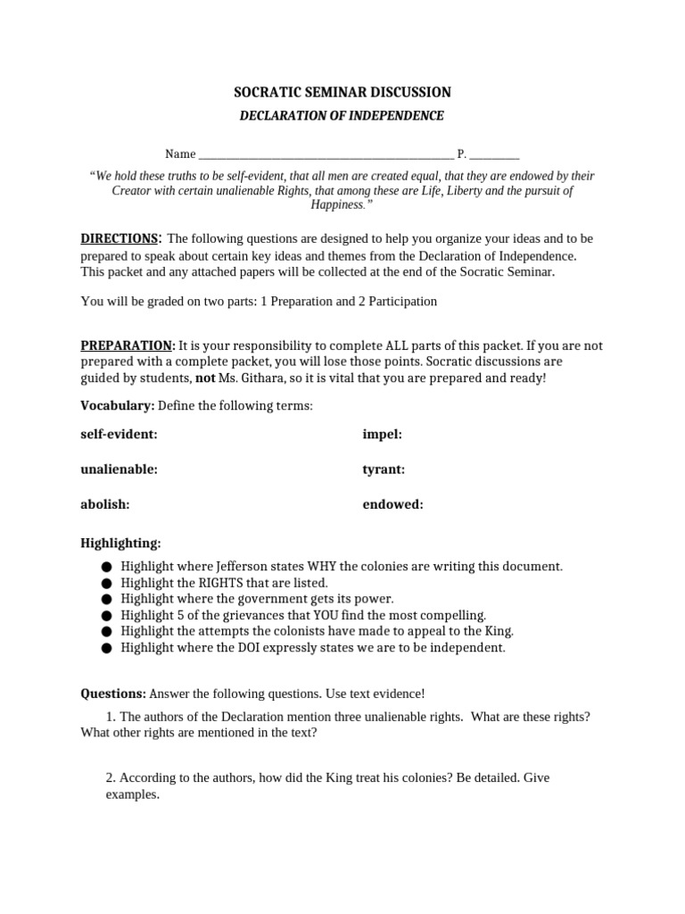 Socratic Seminar on Declaration of Independence | PDF | United States ...