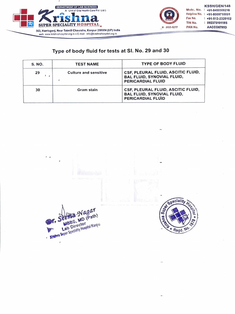 Type of Body Fuid for Tests at S.no. 29 and 30 | PDF