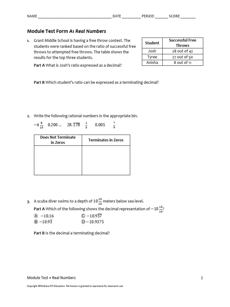 Chapter 2 Test Course 3 Form A1 | PDF | Real Number | Rational Number