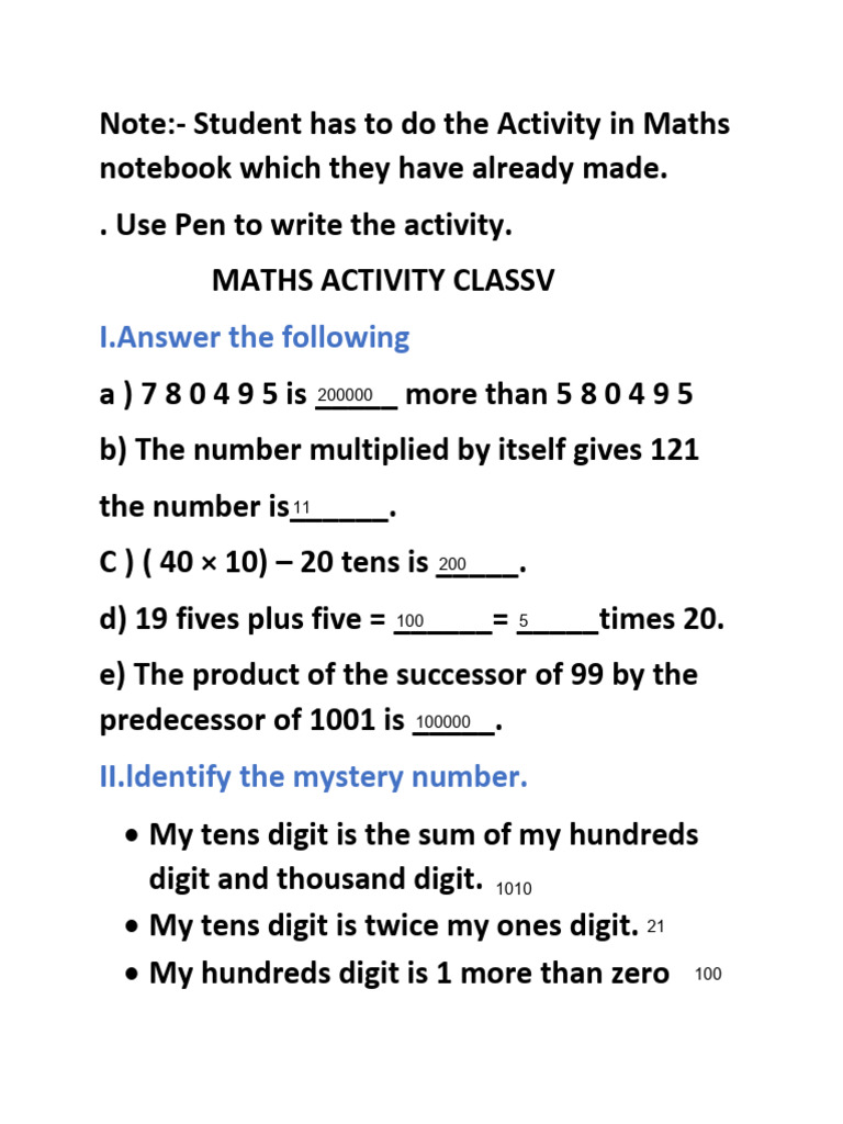 Maths Activity for Class V Students | PDF