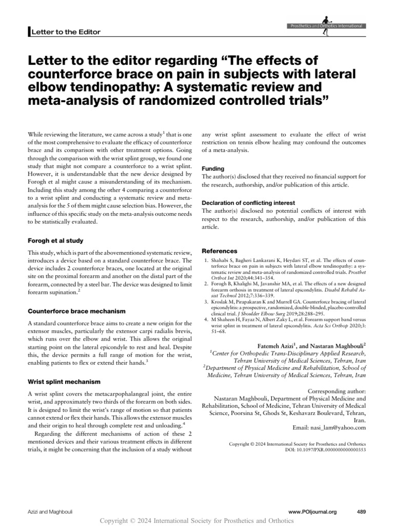 Letter To The Editor Regarding "The Effects of Counterforce Brace On ...