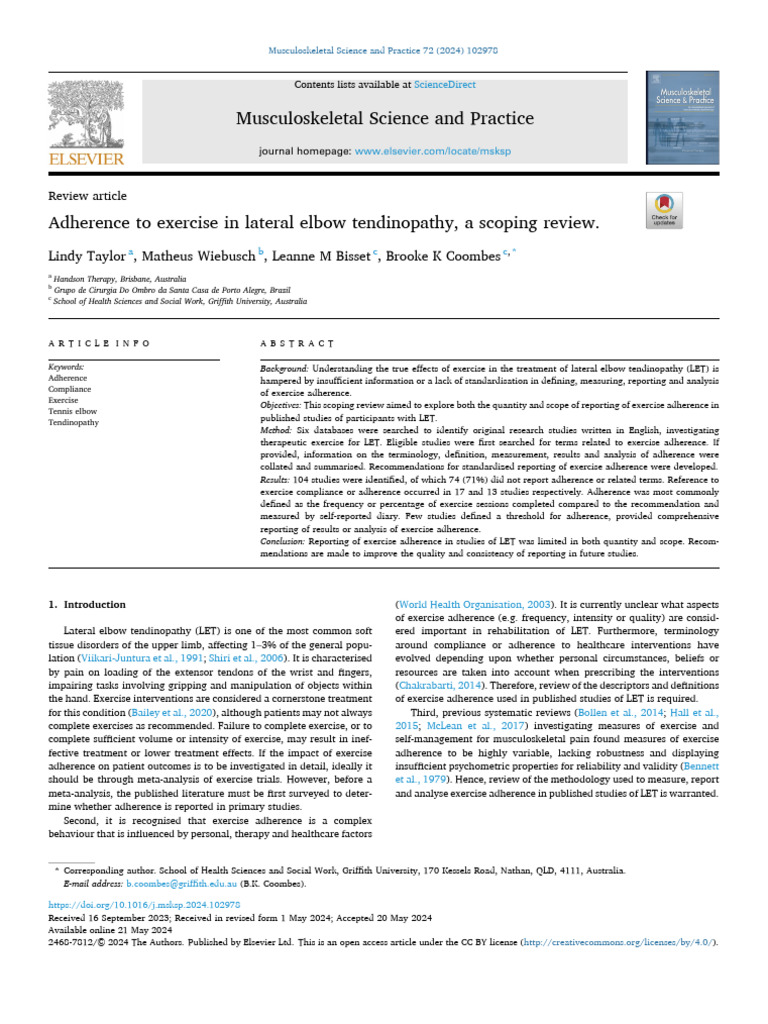 Adherence To Exercise in Lateral Elbow Tendinopathy - A Scoping Review | PDF | Systematic Review ...