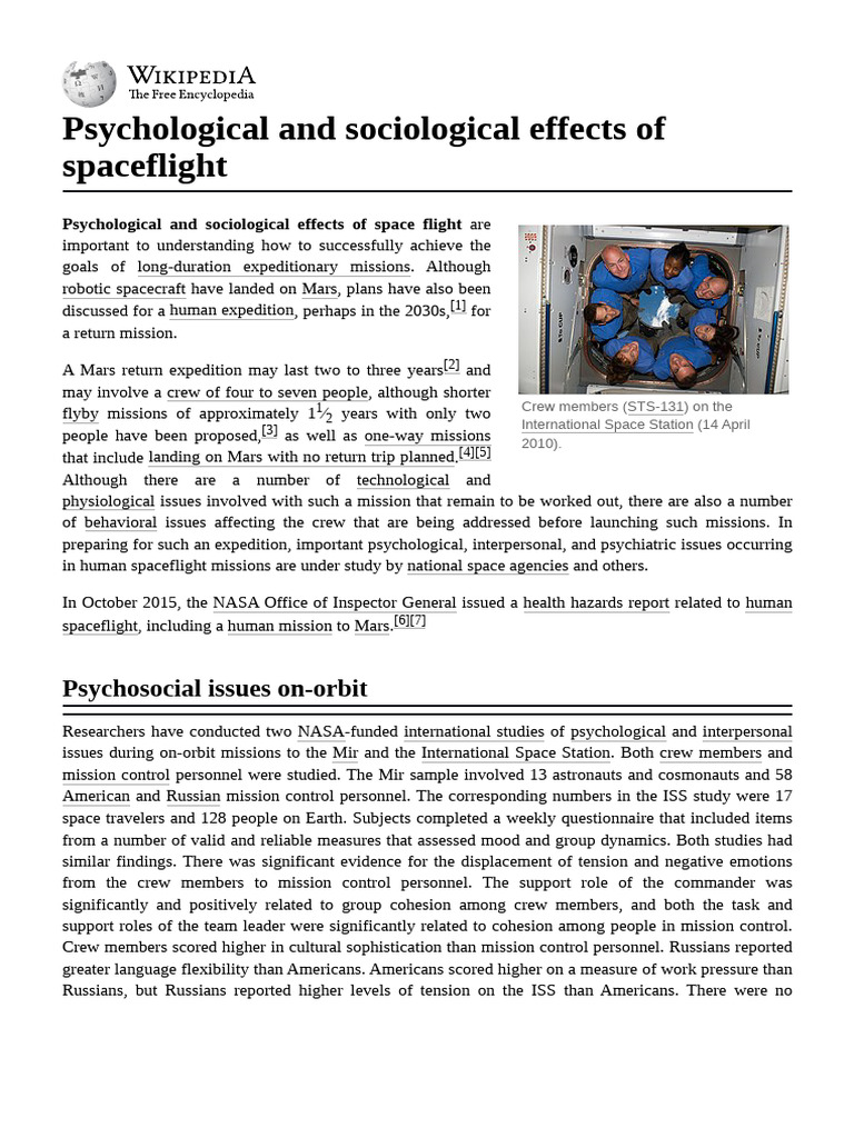 Psychological and Sociological Effects of Spaceflight | PDF | Human ...