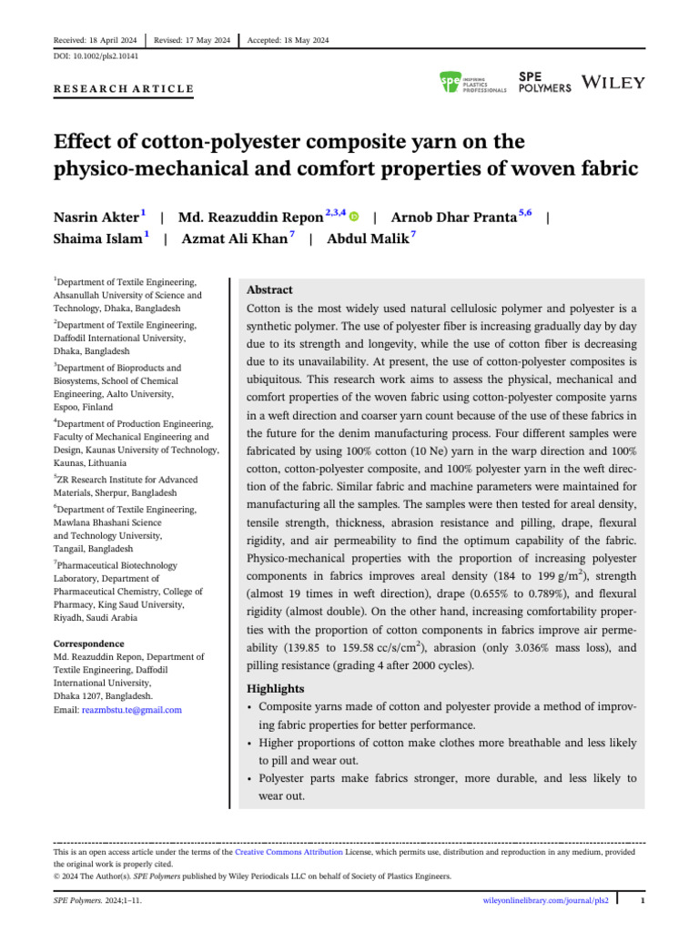 Effect of Cotton-Polyester Composite Yarn On The P | PDF | Textiles | Yarn