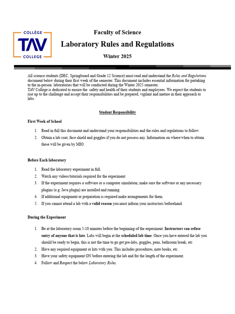 Winter 2025 Laboratory Rules and Regulations | PDF | Laboratories ...