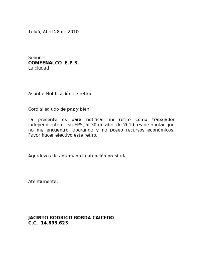 Carta de Retiro Comfenalco Eps | PDF