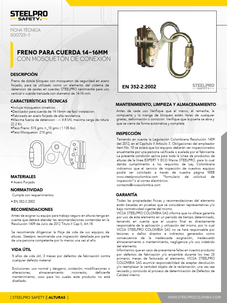 Ficha Tecnica Arrestador de Caida Acero STEELPRO | PDF | Cuerda