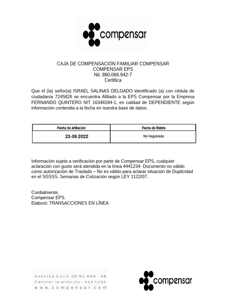 Formulario Eps Compensar Afiliacion Editable | PDF