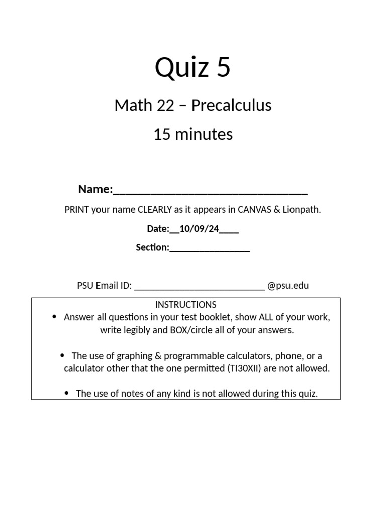 Precalculus Quiz 5: Polynomial & Function Analysis | PDF