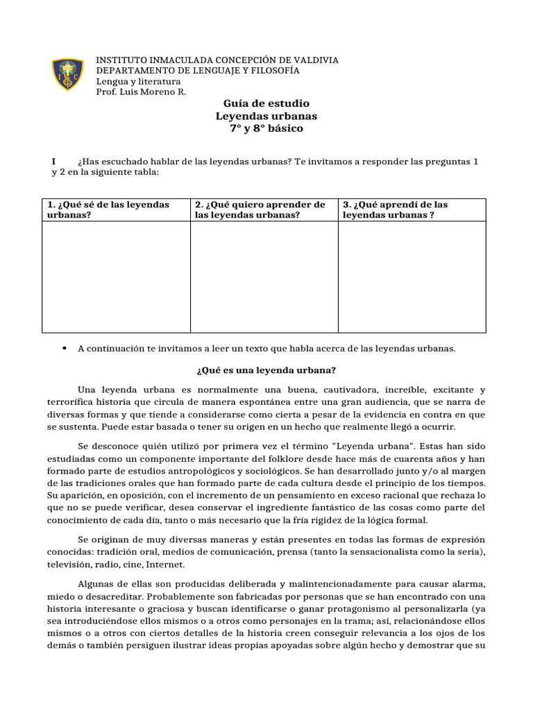 Guía de Estudio sobre Leyendas Urbanas | PDF
