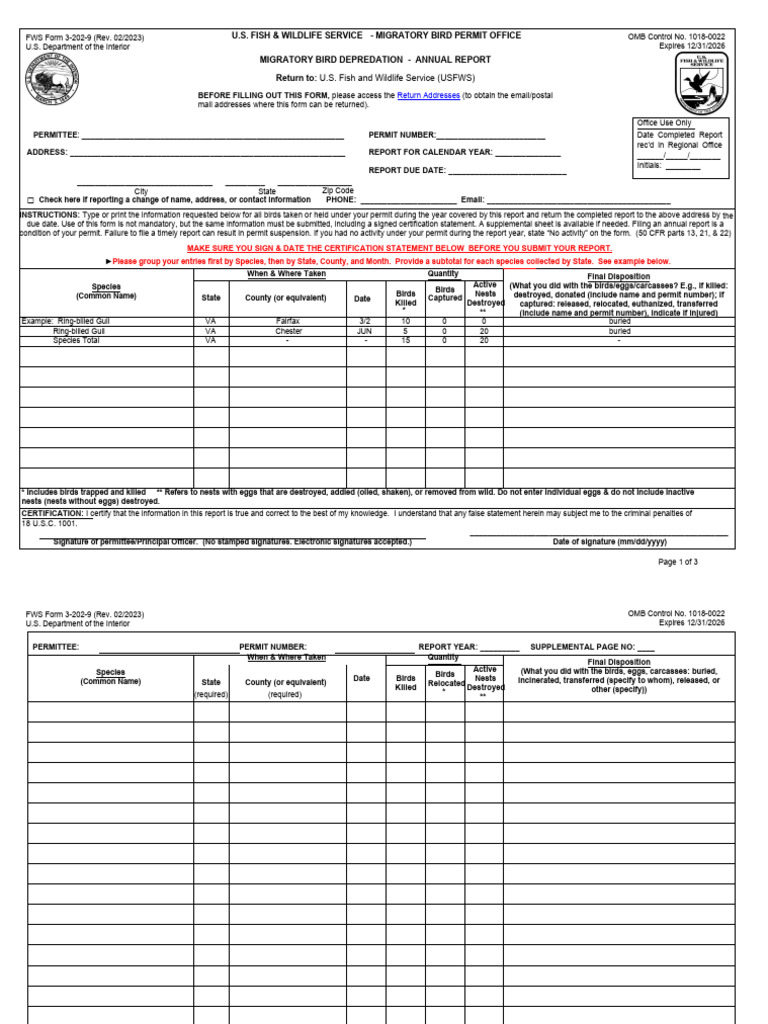 Migratory Bird Depredation Report Form | PDF | United States Fish And ...