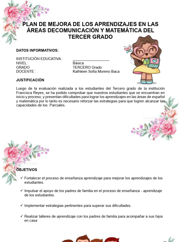 PLAN DE MEJORA Kathleen Sofía Moreno Baca | PDF | Aprendizaje | Enseñando