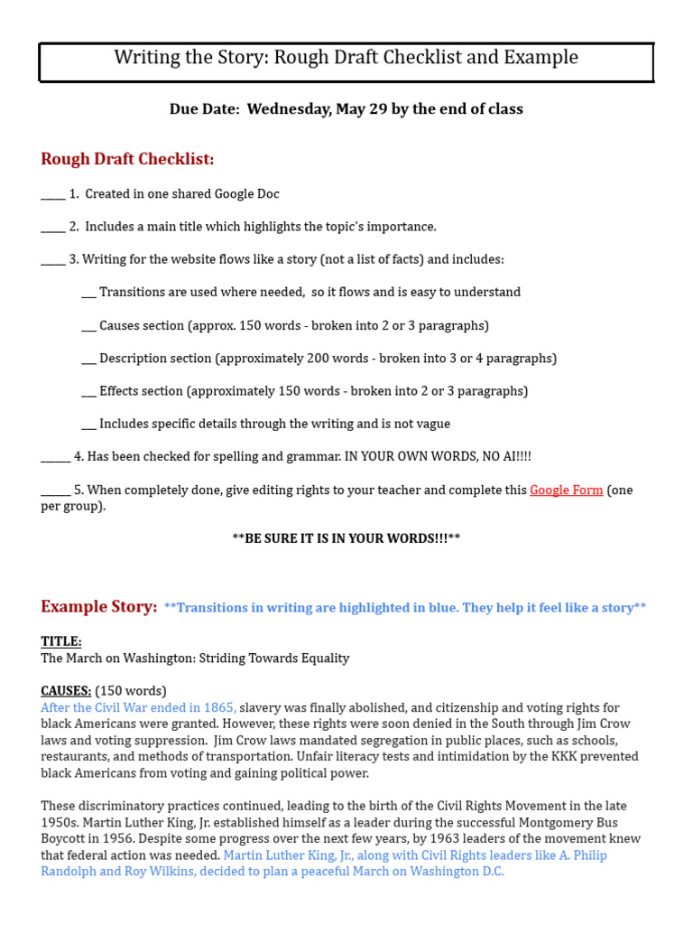Writing The Story - Rough Draft Checklist and Example 24 | PDF | March ...