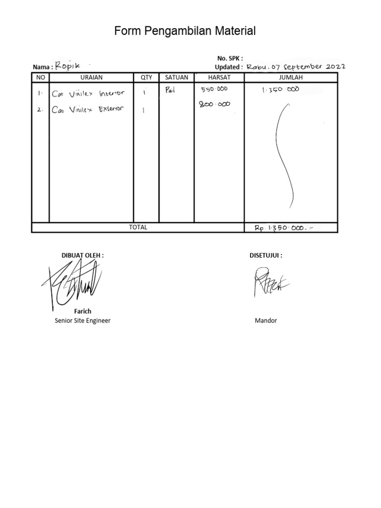 Form Pengambilan Material | PDF