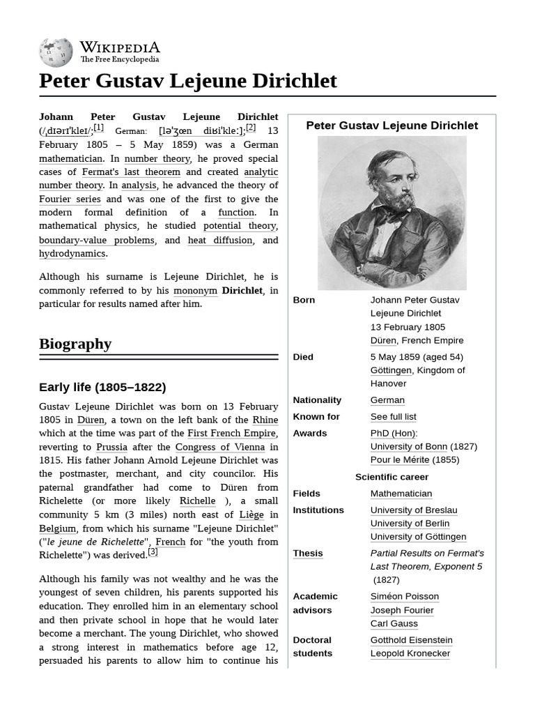 Peter_Gustav_Lejeune_Dirichlet | PDF | Mathematical Analysis | Mathematics