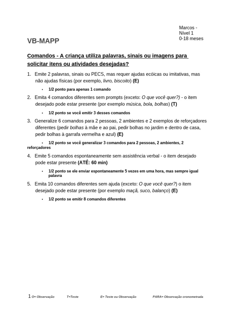 VB MAPP Marcos em Português - Nível 1 | PDF | Brinquedos