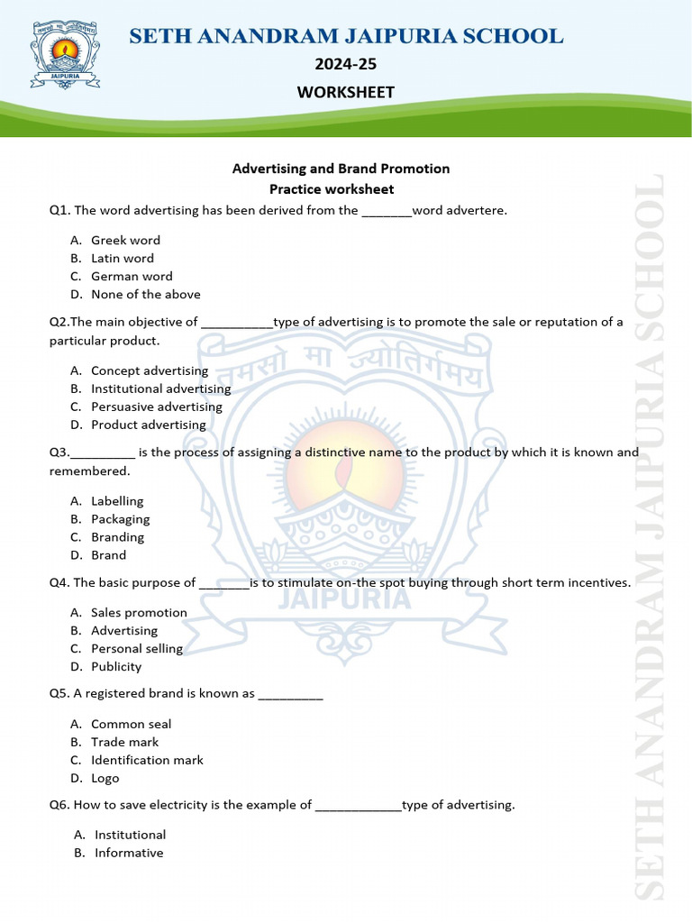 Practice Sheet(Advertising and Brand Promotion) | PDF | Advertising | Brand