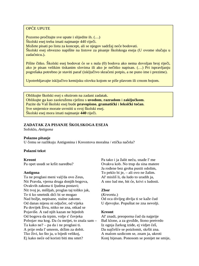 Esej - Sofoklo, Antigona (Zadatak) | PDF