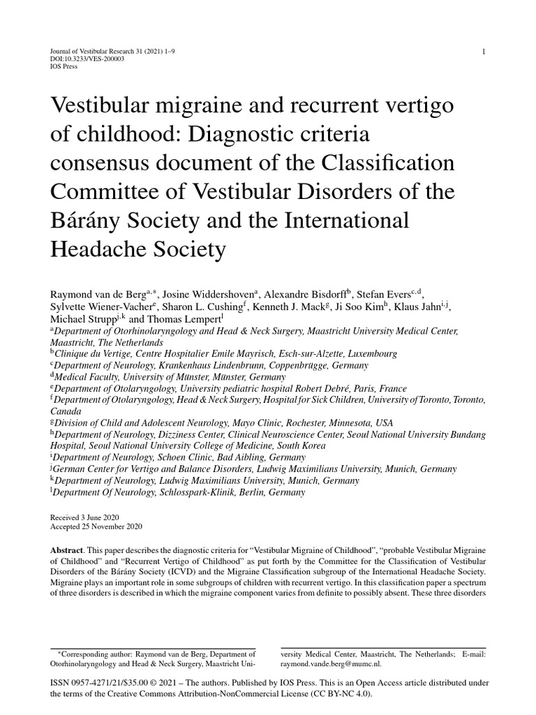 Vestibular Migraine and Recurrent Vertigo of Childhood | PDF | Vertigo ...