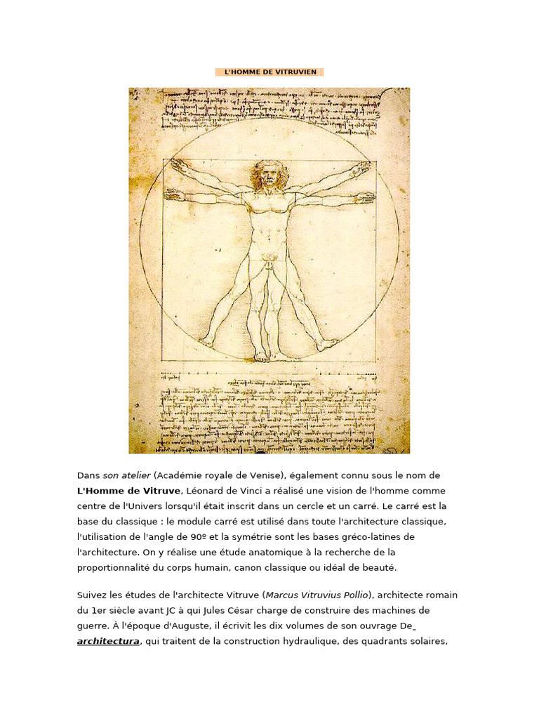 L'Homme de Vitruve : Proportions et Symbolisme | PDF | Leonard de Vinci ...