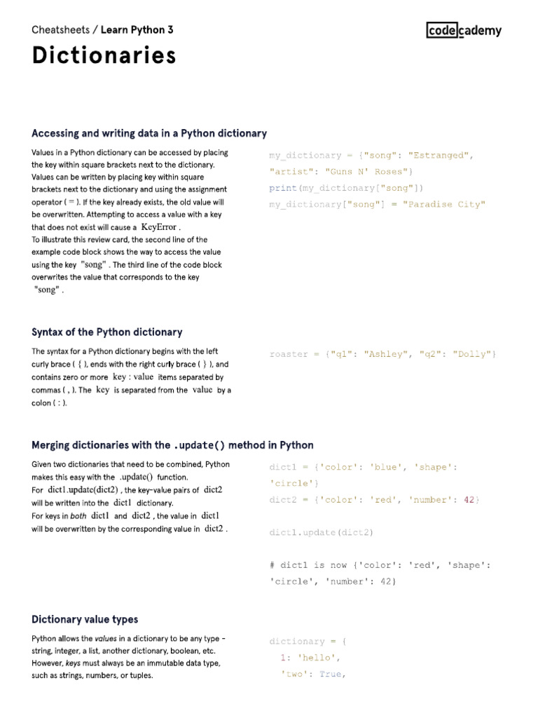Learn Python 3 - Dictionaries Cheatsheet | PDF Learn Python 3 - Dictionaries Cheatsheet | PDF