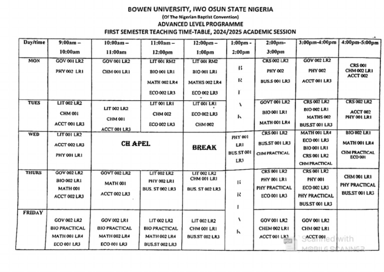Advance Level Time Table - Bowen University 2024-10-04 17-47-01 | PDF