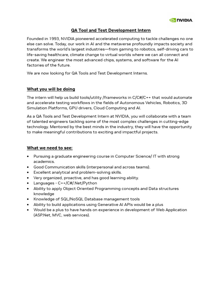 NVIDIA QA Tools Intern Opportunity | PDF