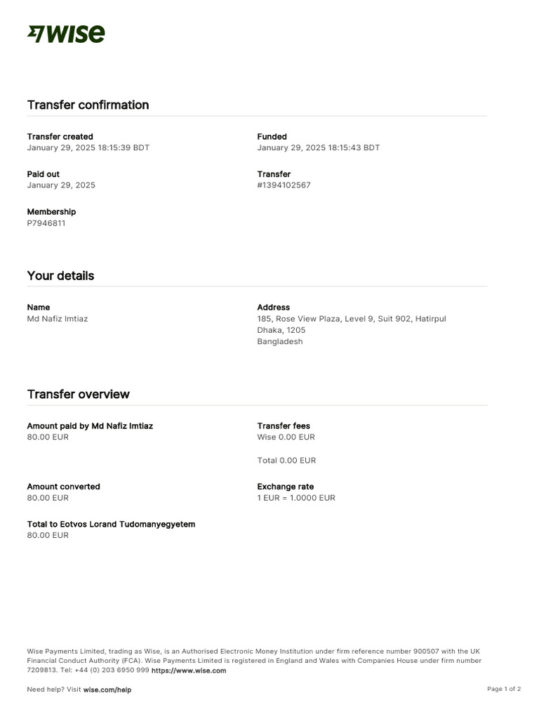 Wise Transaction Invoice Transfer 1394102567 4711598472 en | PDF | Wire ...