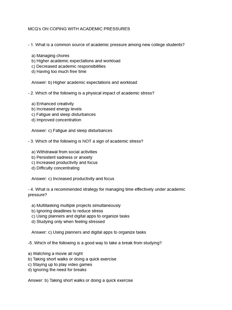 MCQ - Academic Pressure | PDF | Stress (Biology) | Anxiety