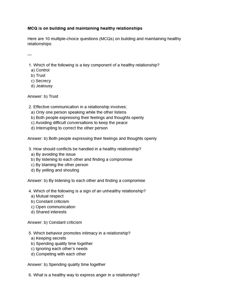 MCQ - Healthy Relationships | PDF | Intimate Relationships | Behavioural Sciences