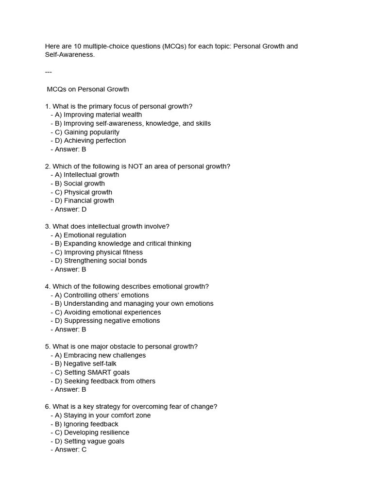 MCQs - Personal Growth, Self Awareness | PDF | Personal Development ...