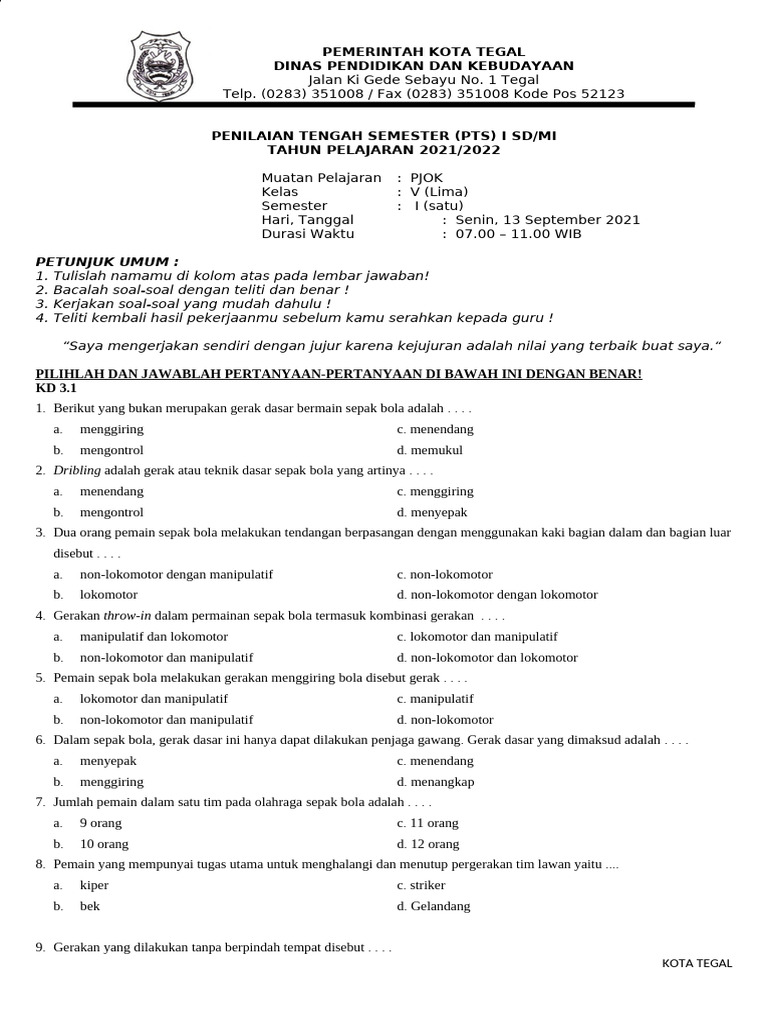 Soal Pjok KLS 5 PTS 1 | PDF