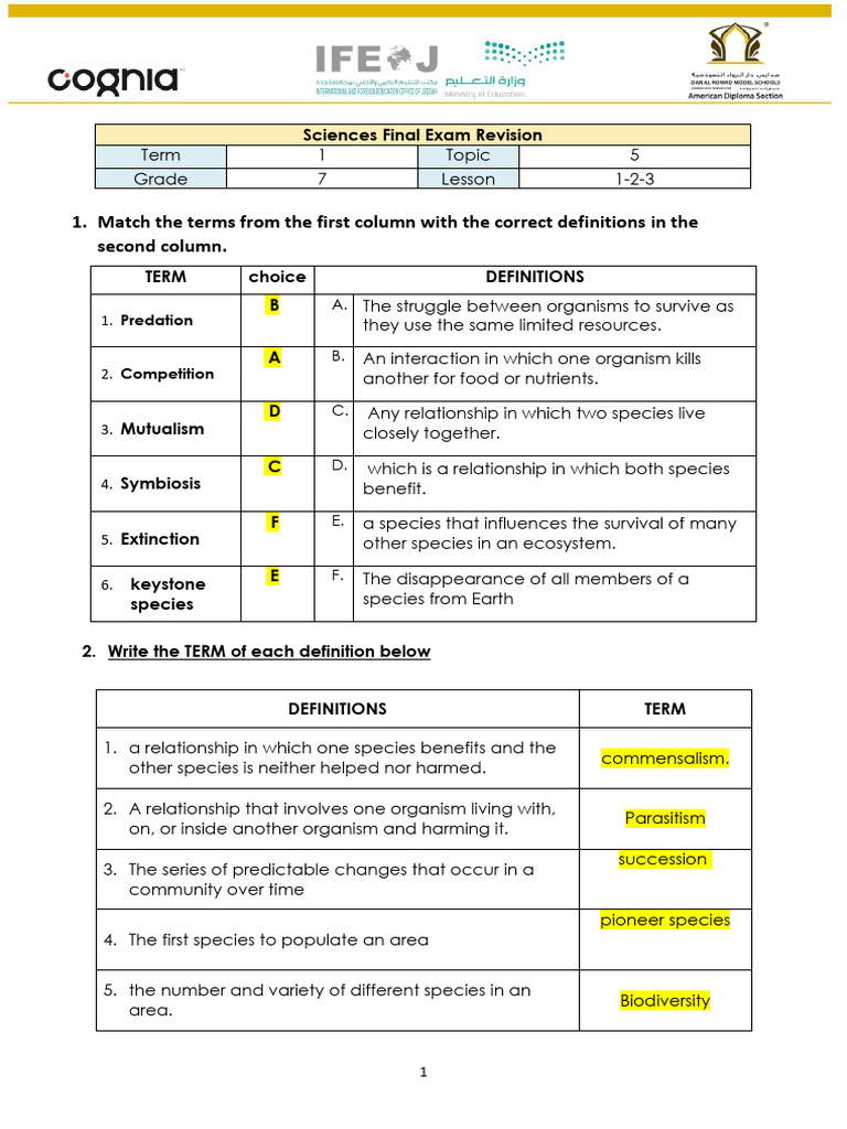 Ecosystem Interactions and Definitions Guide | PDF | Predation ...