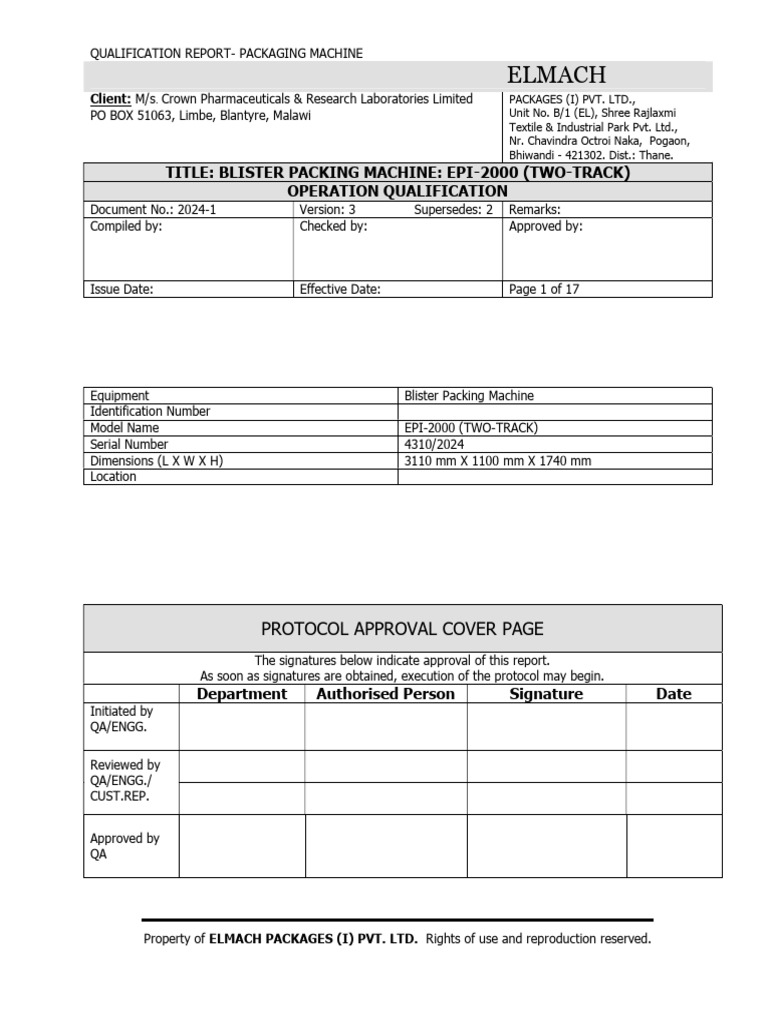 4310-2024 Crown Pharmaceuticals EPI-2000 (TWO-TRACK) OQ | PDF | Vacuum | Verification And Validation