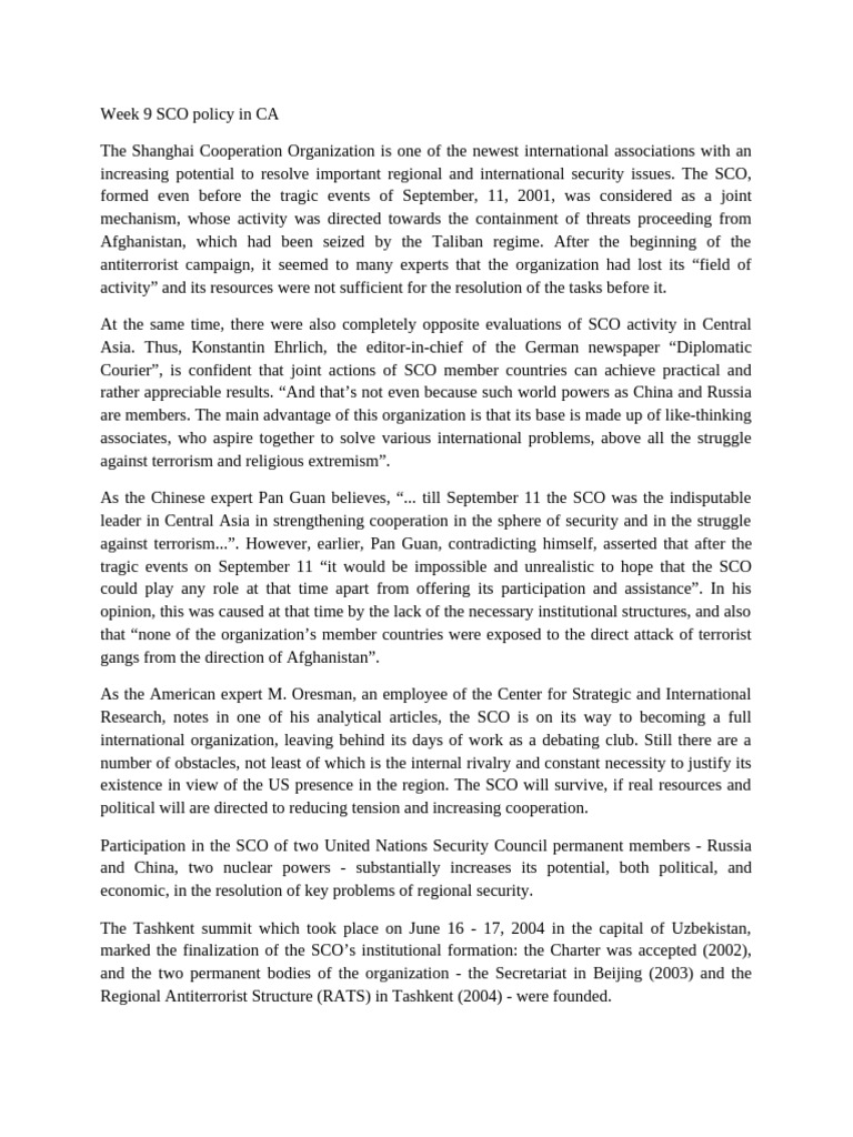Topic 10 Policy of SCO in CA | PDF | International Relations | Global ...