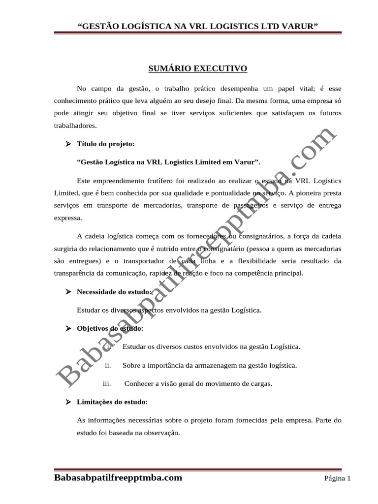Um Relatório de Projeto Sobre Gestão de Logística Na VRL Logistics LTD ...