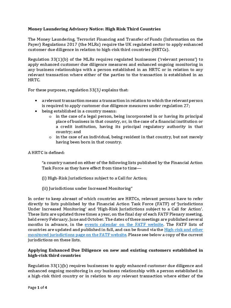 Money Laundering Advisory Notice - High Risk Third Countries Feb 2024 | PDF