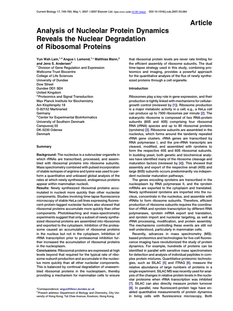 2007 Analysis of Nucleolar Protein Dynamics - Ribo Protein Degradation ...