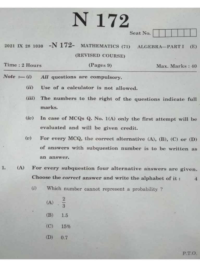 Maharashtra Class 10 Mathematics - Algebra - PART - I Question Paper ...