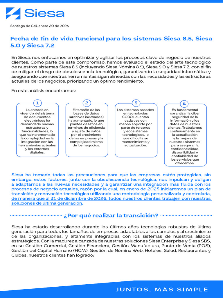 Documento - Fecha de Fin de Vida Funcional para Los Sistemas Siesa 8.5 Siesa 5.0 y Siesa 7.2 ...